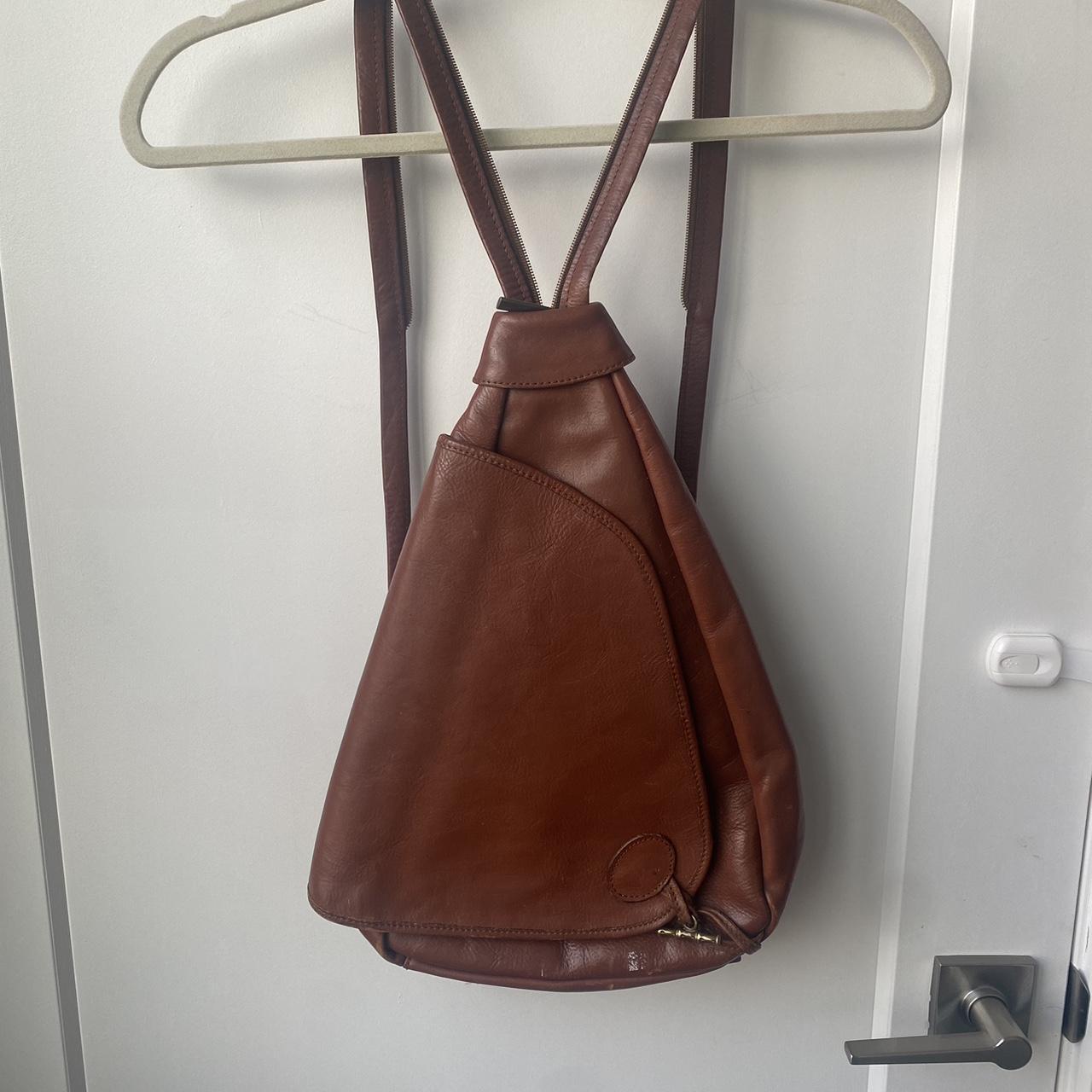1990s brown leather backpack with adjustable straps... - Depop
