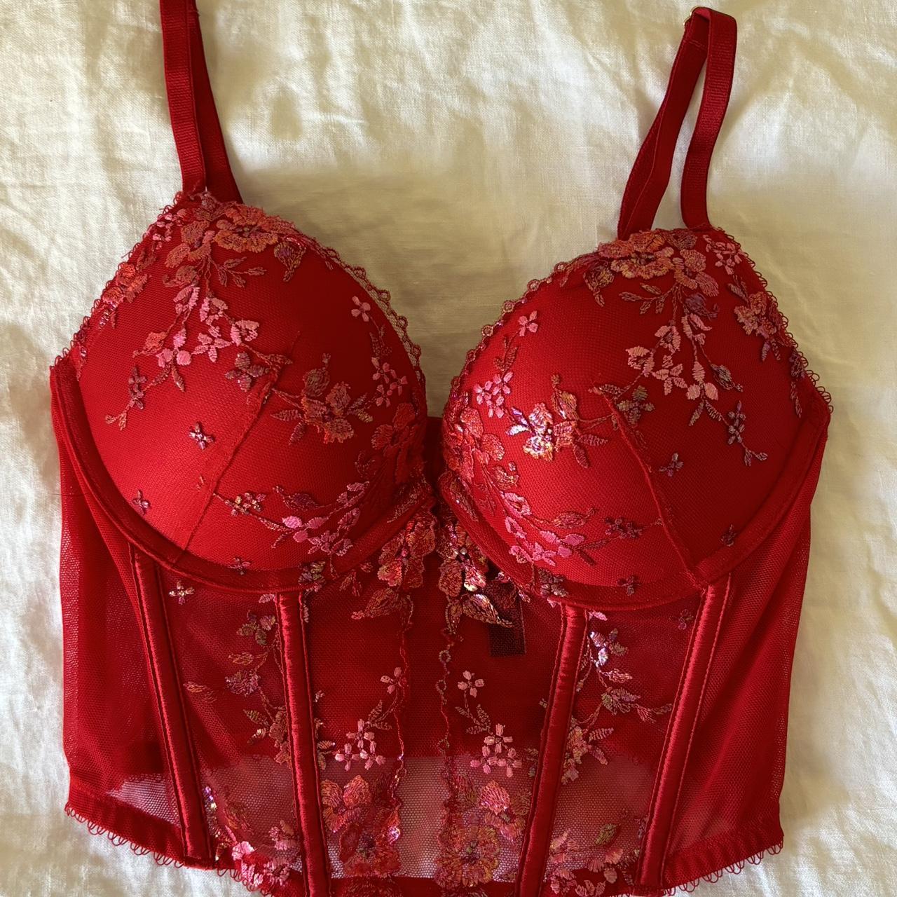 “Victoria’s Secret red floral corset push-up bra.... - Depop