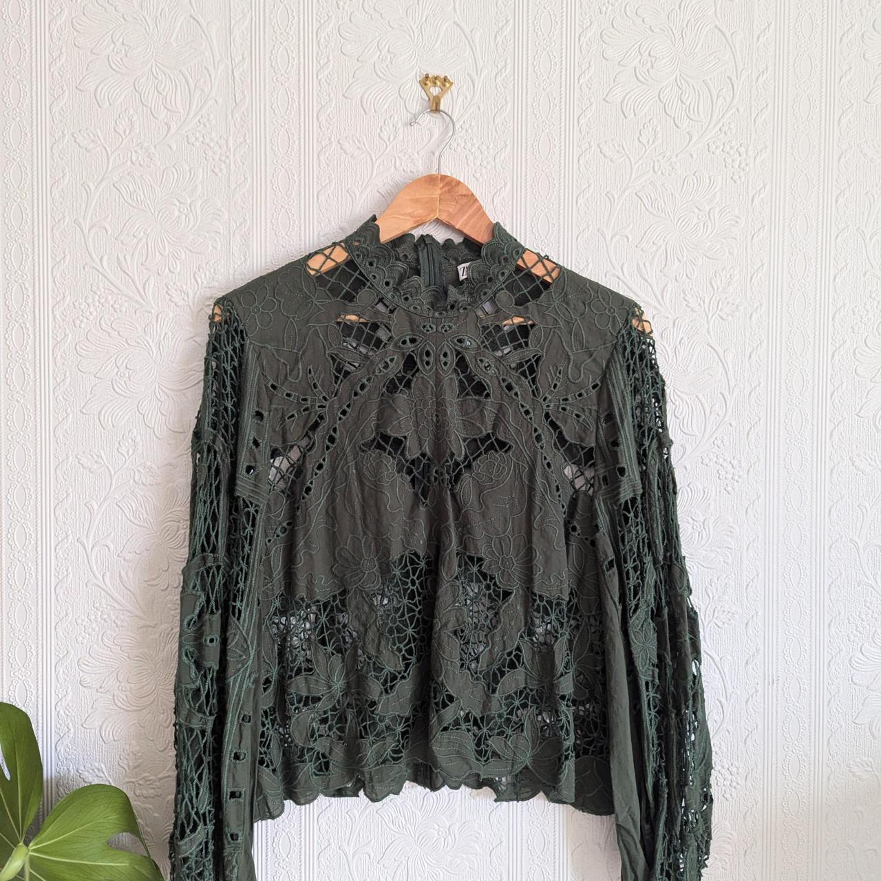 Zara green lace blouse, long sleeves and high neck.... | Depop