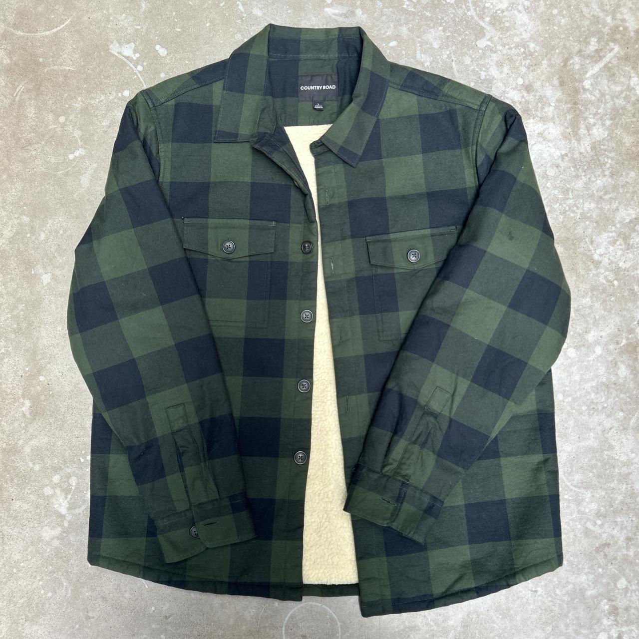 Khaki green and navy checkered shacket with button... | Depop