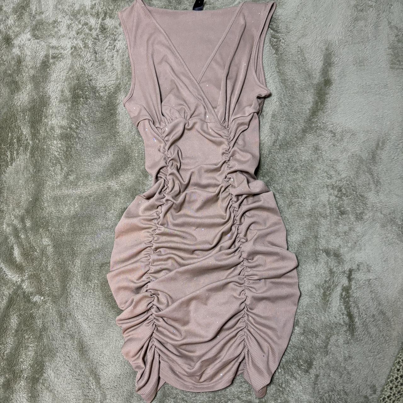 Tan mini dress with ruched sides - perfect for a... - Depop