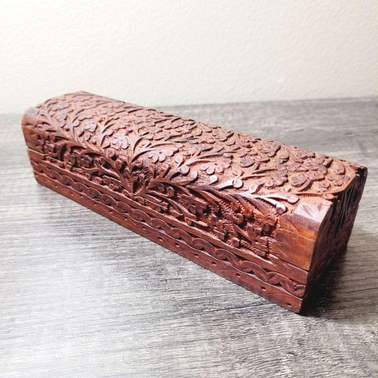 Handmade Long Carved Wooden Box Hinged Jewlery Box... | Depop