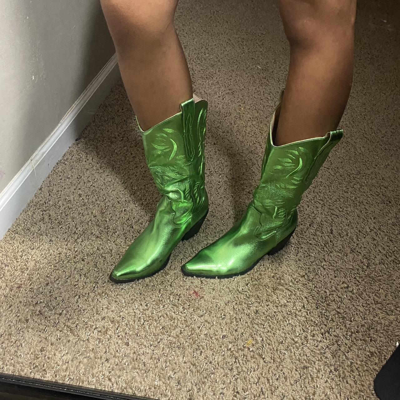 Green shiny leather cowboy boots, light scuffing ... - Depop