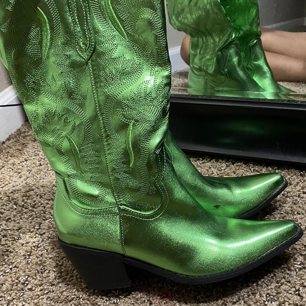 Green shiny leather cowboy boots, light scuffing ... - Depop