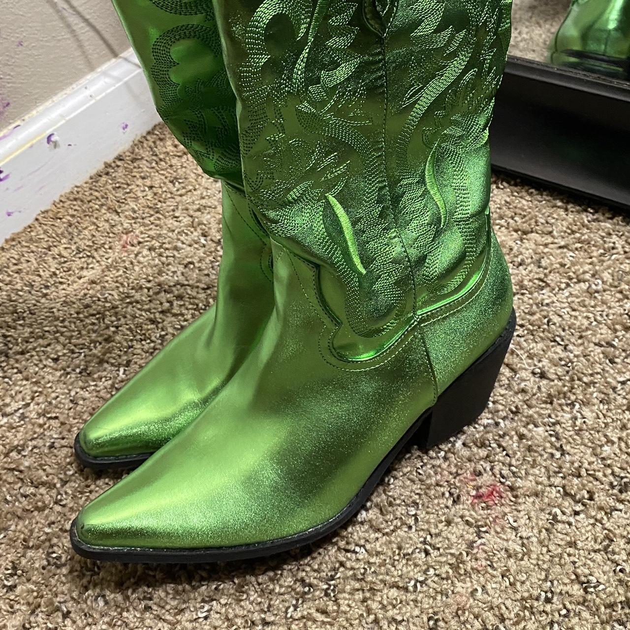 Green shiny leather cowboy boots, light scuffing ... - Depop