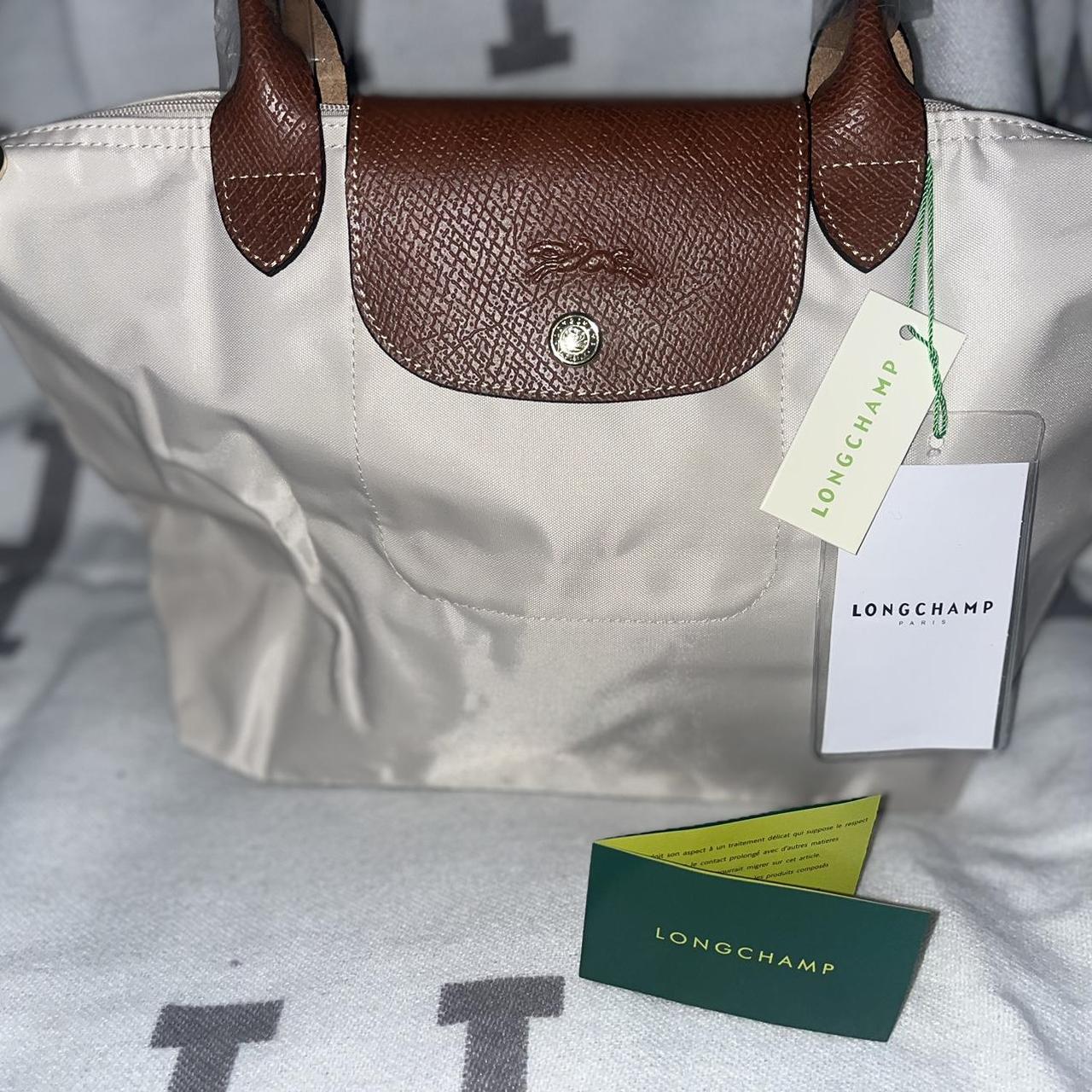 Longchamp white and brown satin tote bag Size small... - Depop