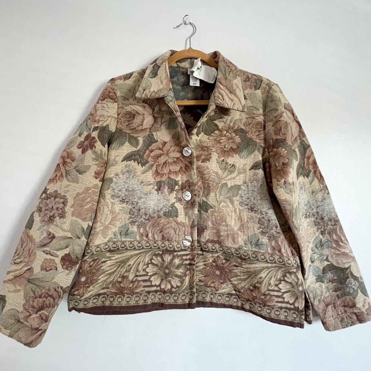 90s floral tapestry jacket - cream, pink &... - Depop