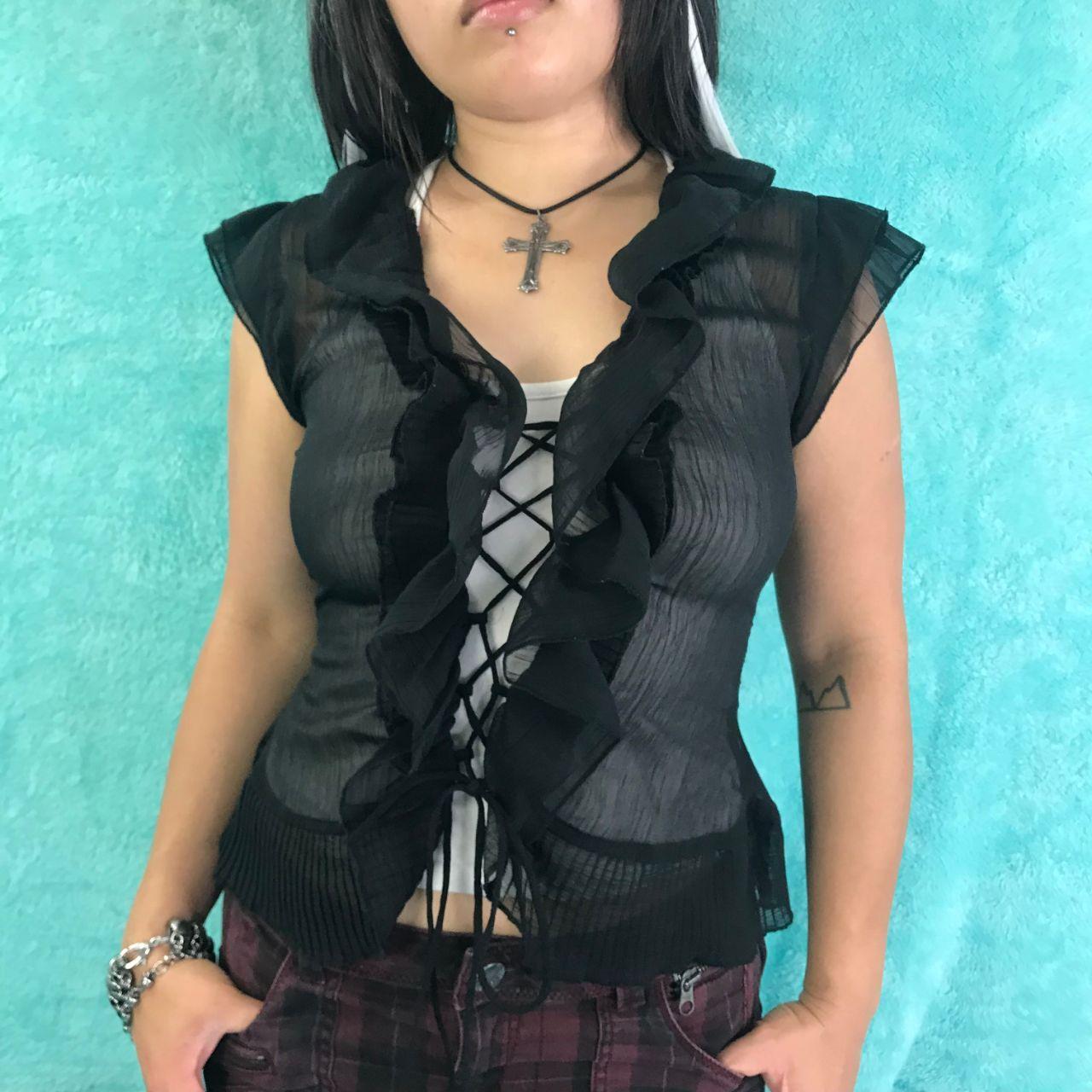 black mesh ruffle lace up blouse size small 2000s... | Depop