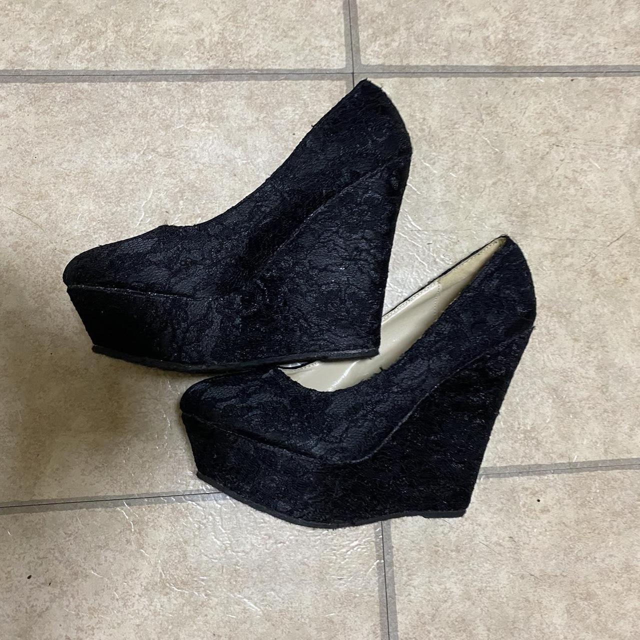 Black lace wedges with a 4.5 inch heel #heels | Depop