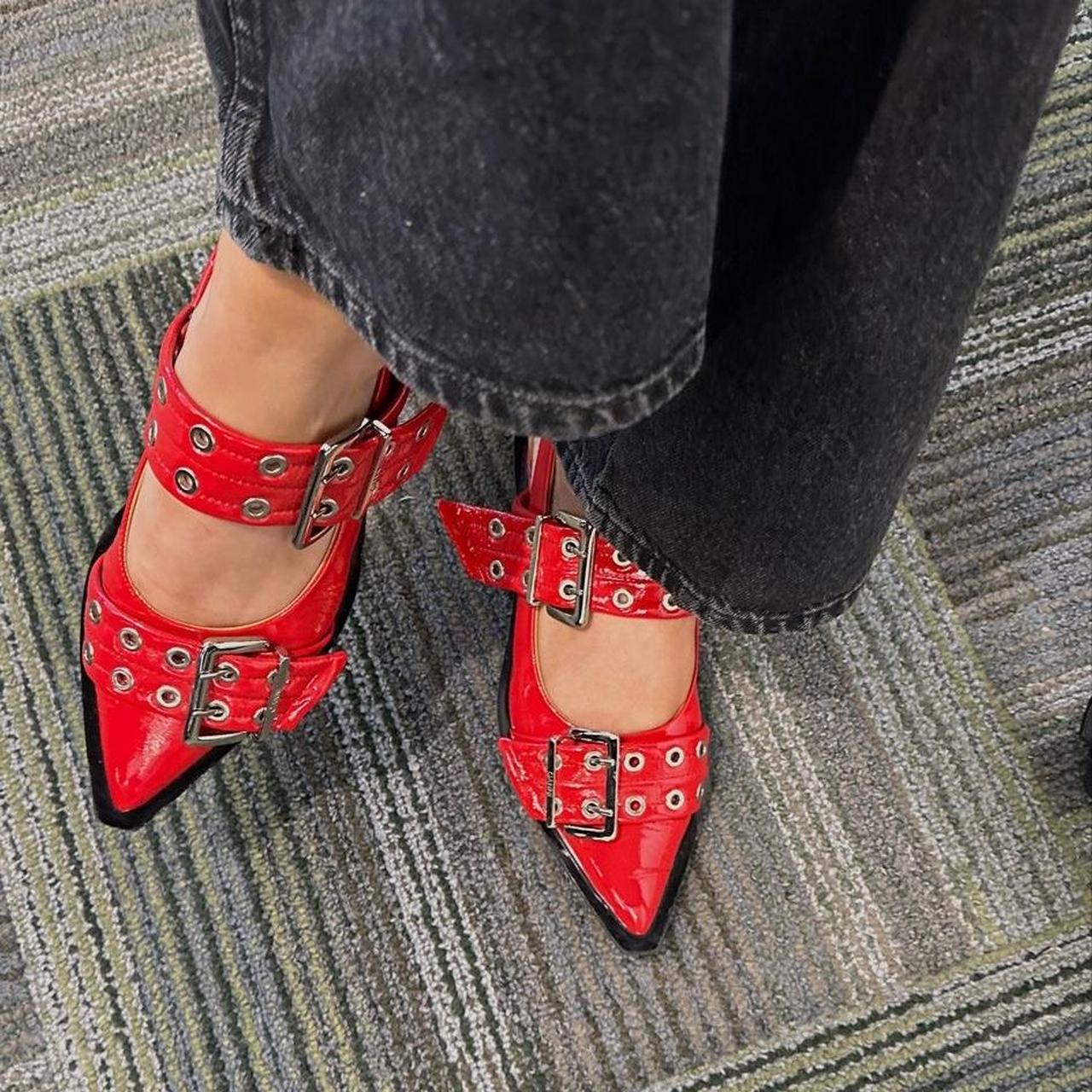 Red FEMININE BUCKLE BALLERINAS Ganni style flat... - Depop