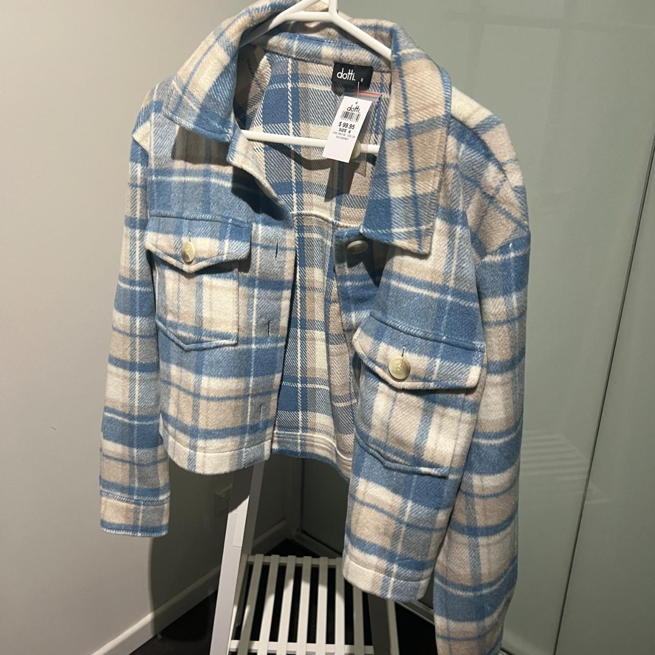 Dotti blue, white & cream checked short jacket brand... | Depop