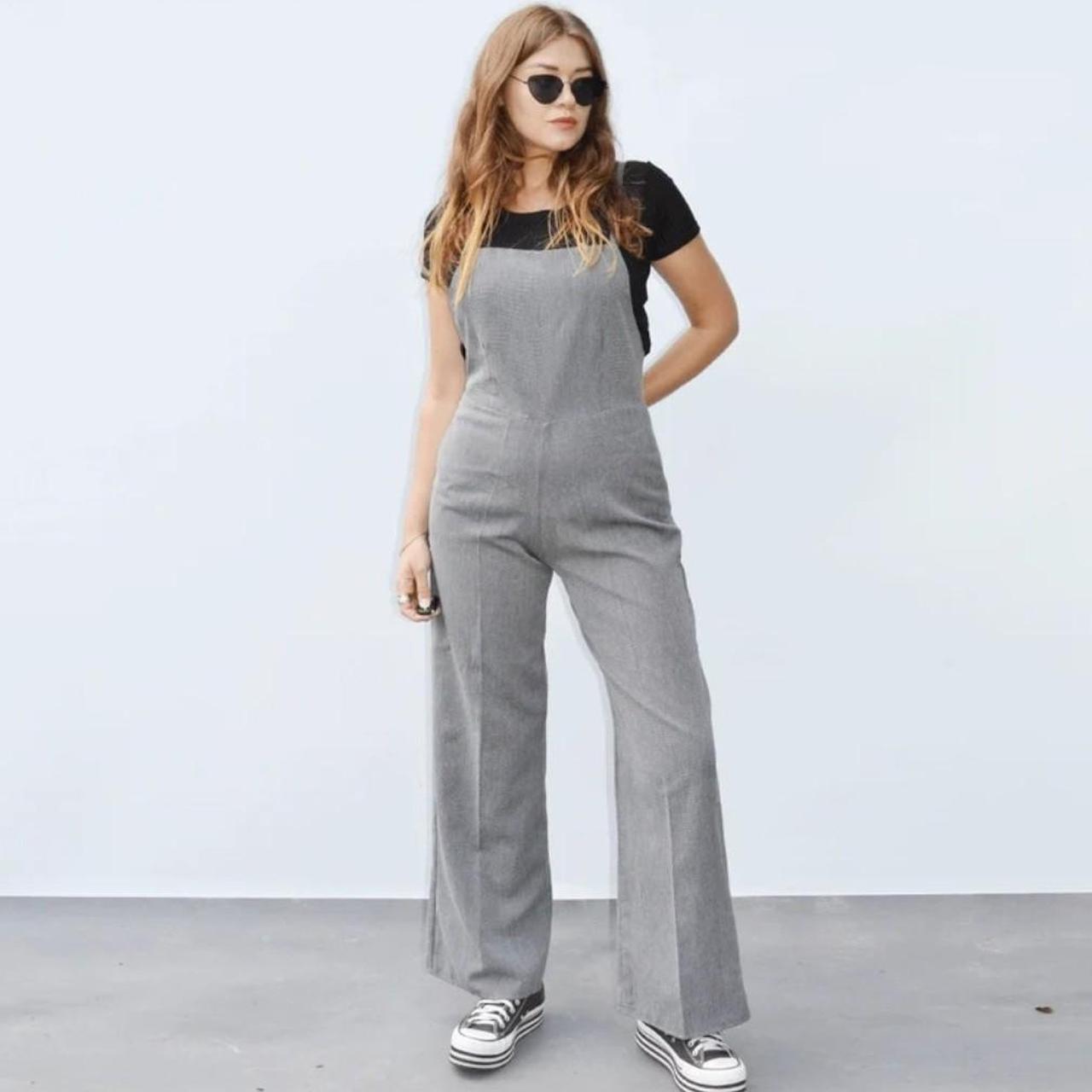 Vintage Y2K grey bootcut flared dungaree suit Size... - Depop