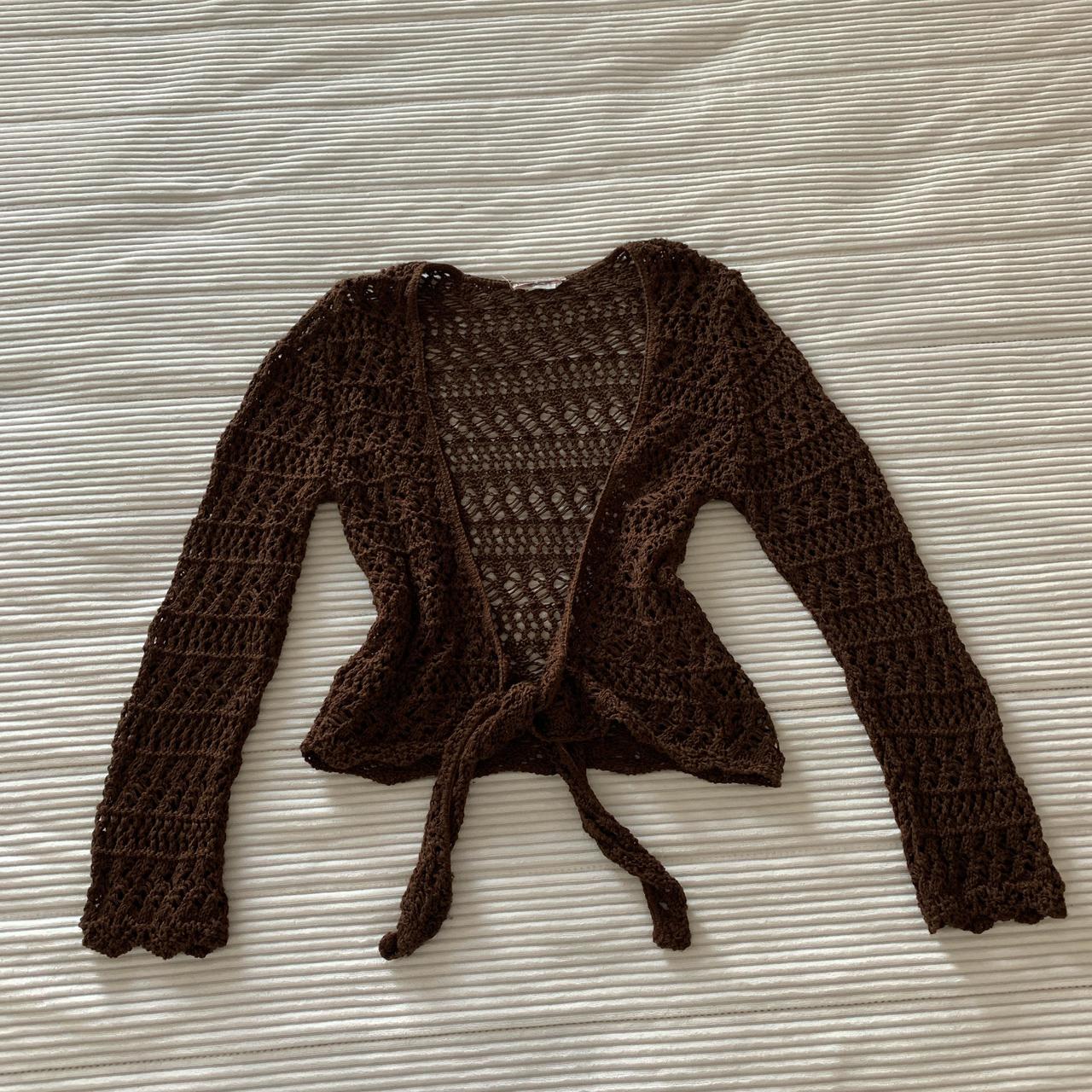 Brown crochet cardigan with tie detail - perfect for... - Depop
