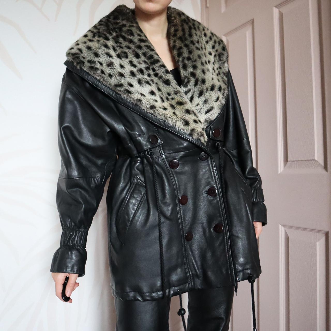 Black 100% real leather coat with a leopard print... - Depop