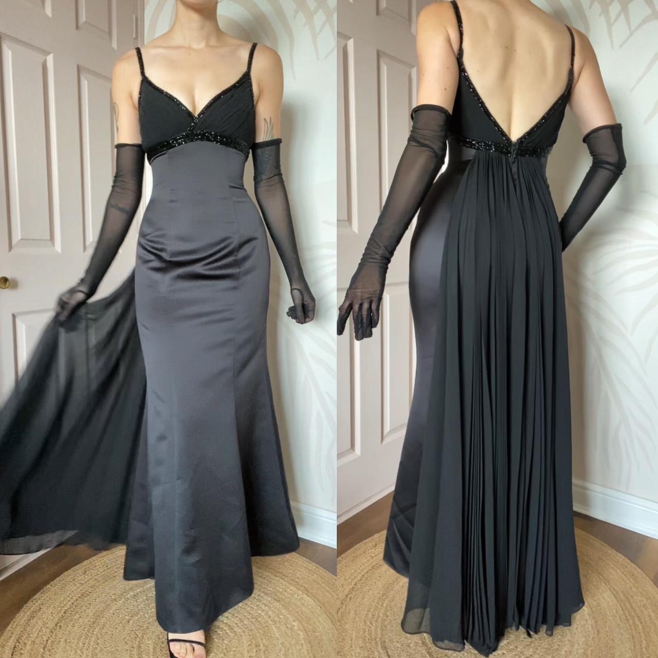Niki Livas black fitted evening dress with long... - Depop