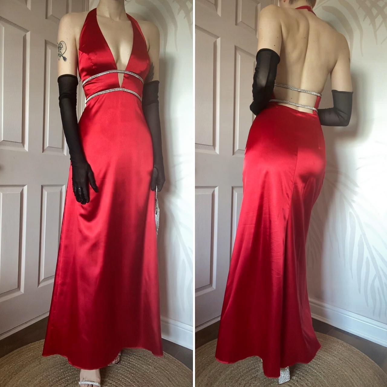 🌹Red satin halter neck evening dress with a diamanté... | Depop