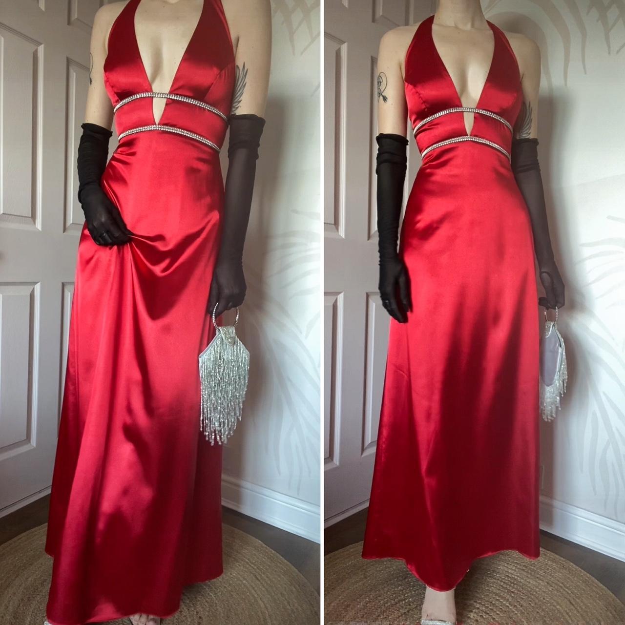 🌹Red satin halter neck evening dress with a diamanté... | Depop