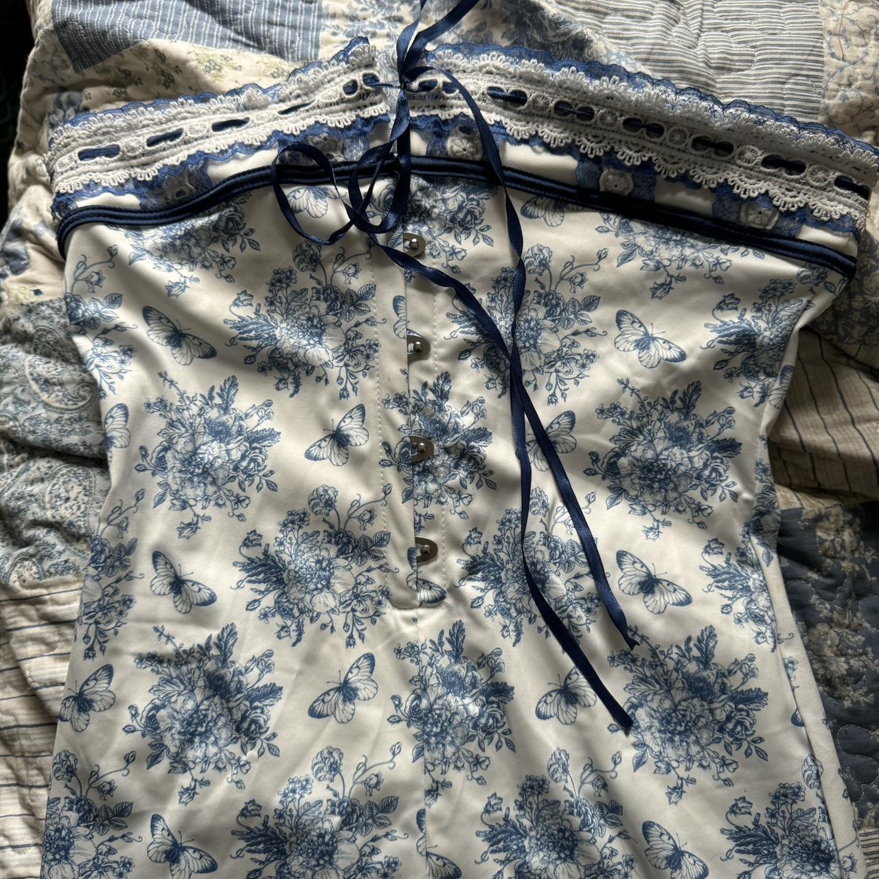 Corset white with Blue floral pattern dress. Lace up... - Depop