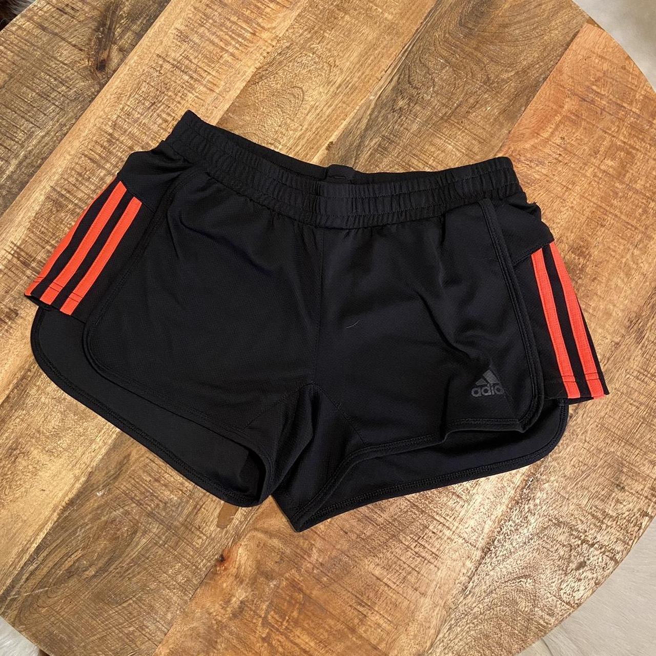 black and orange/red stripe addidas short shorts... - Depop