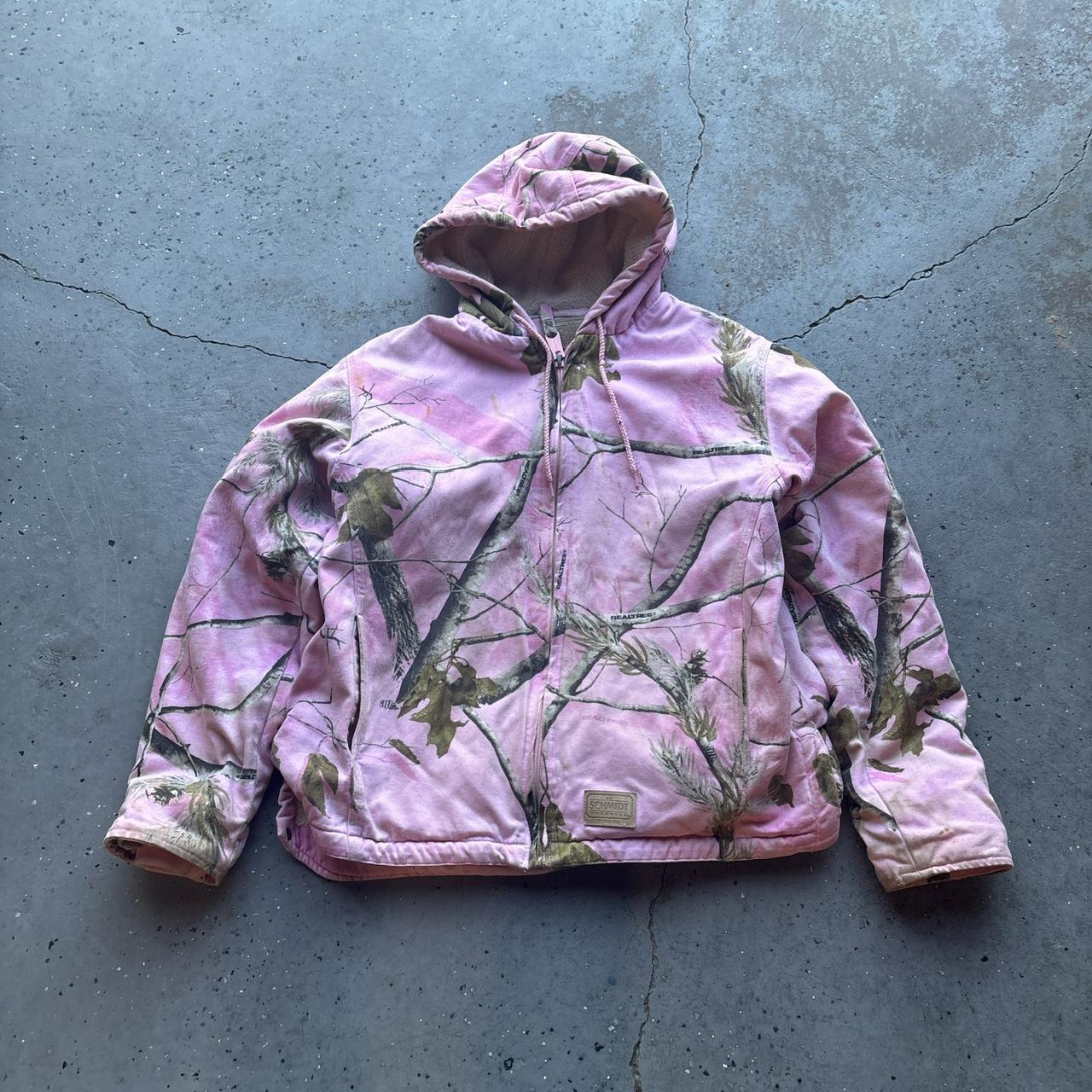 Pink camo jacket with flannel lining and hood -... - Depop