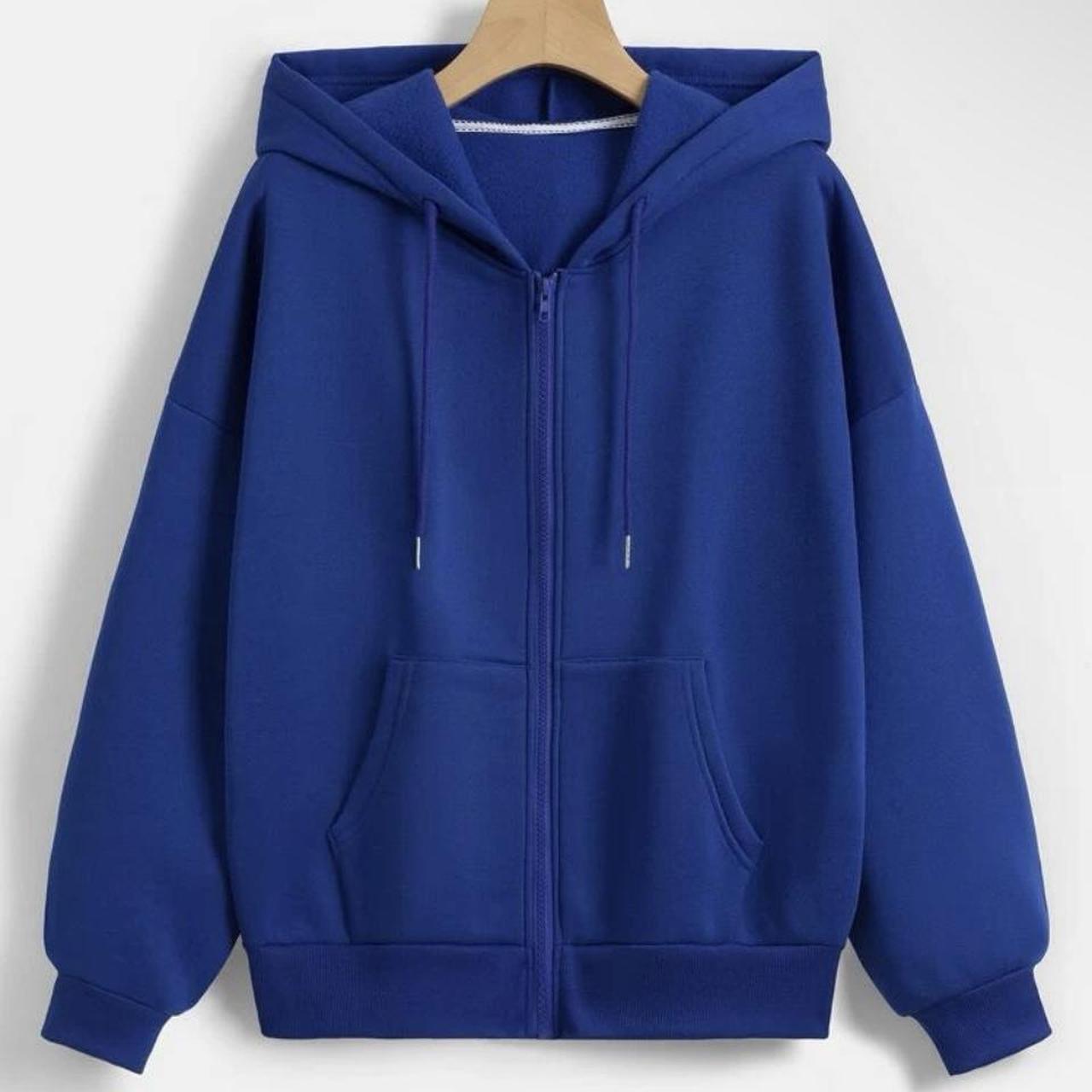 Royal Blue Zip up drop shoulder drawstring hoodie... | Depop