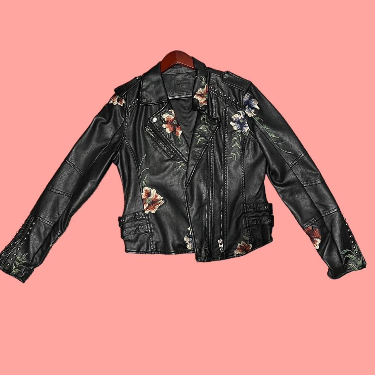 floral embroidered and studded leather jacket size m - Depop
