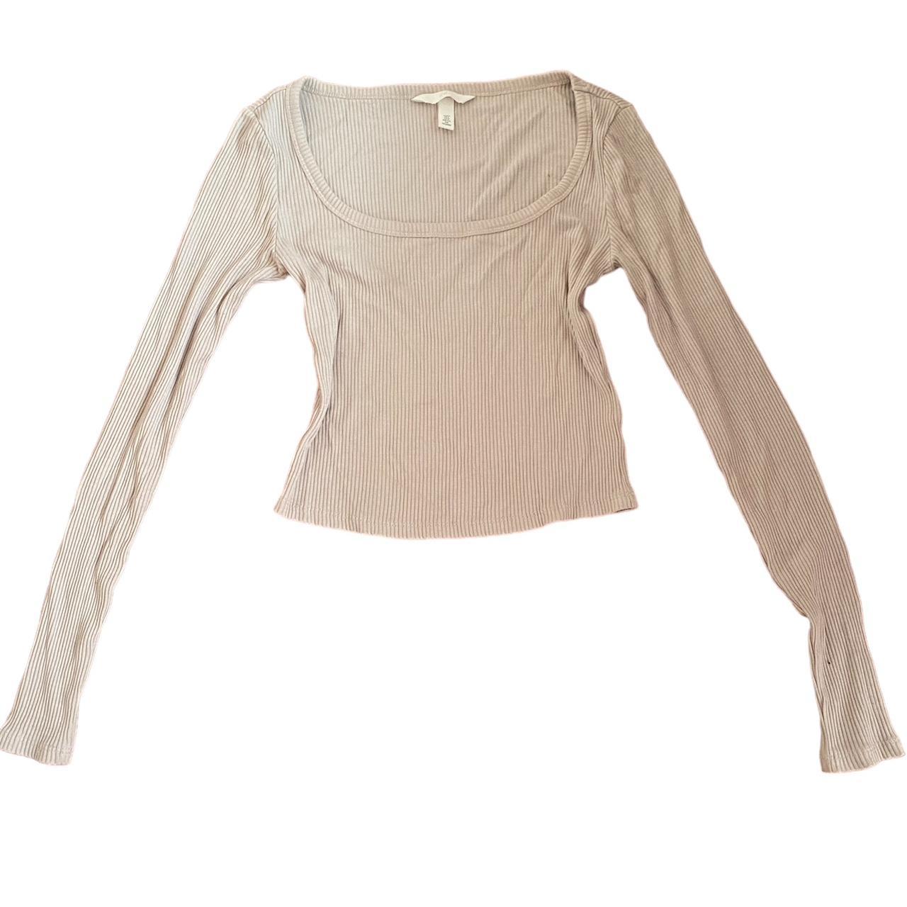 Cream and white ribbed long sleeve top Size:... - Depop