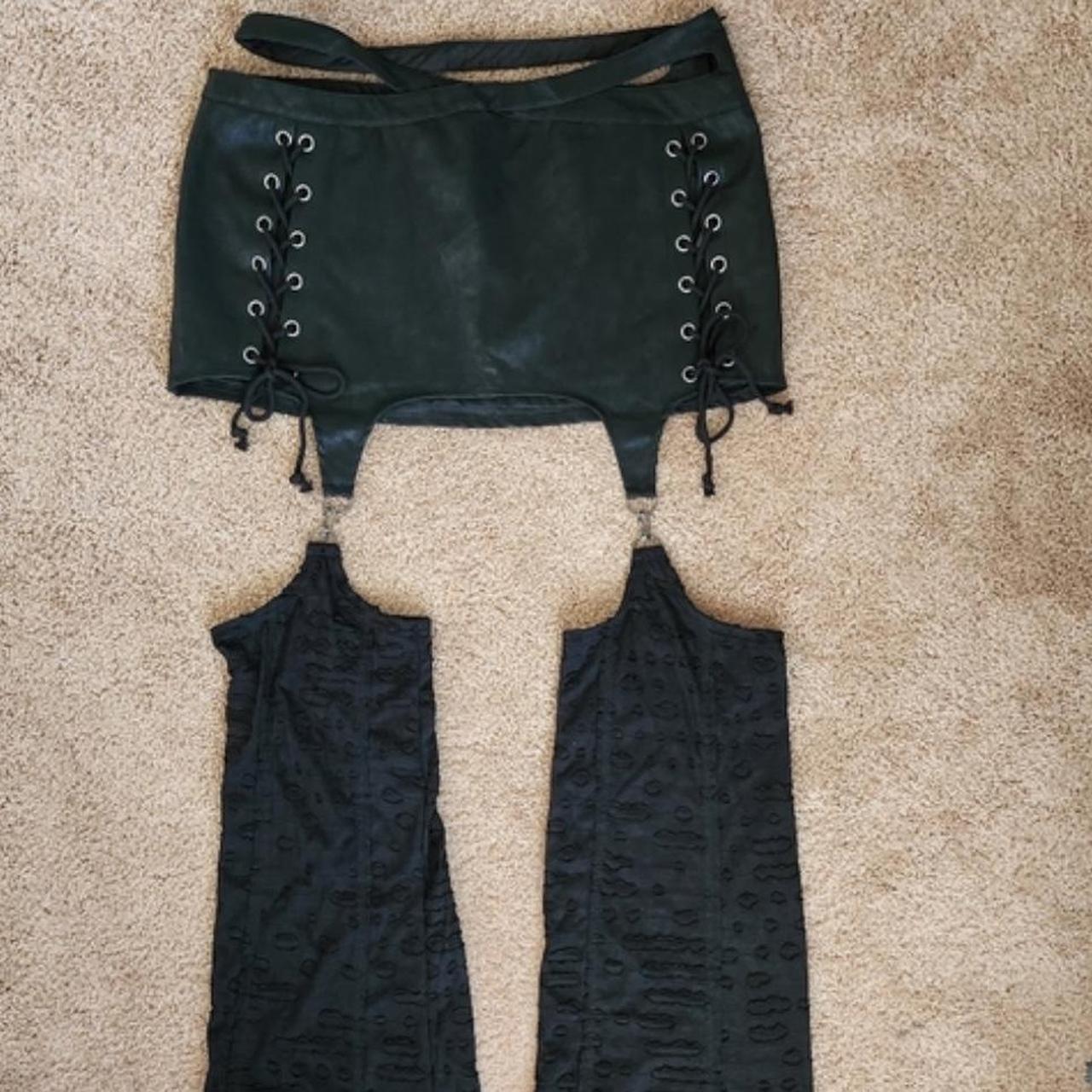 Dollskill Black lace up leather skirt with leg... | Depop