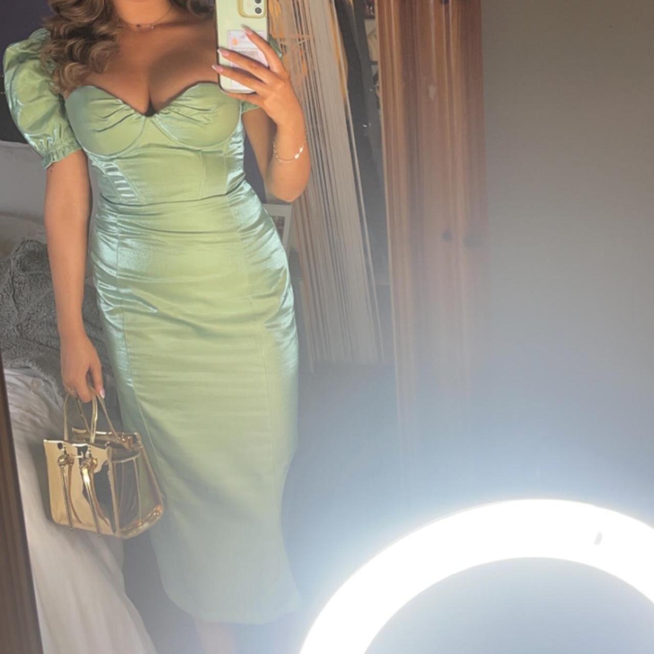 Boohoo Puff Sage green Sleeve Cup Detail Bodycon... - Depop