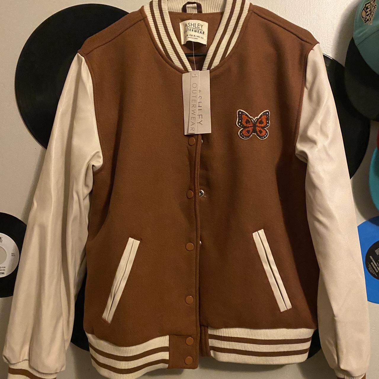 embroided butterfly mushroom varsity jacket new... - Depop
