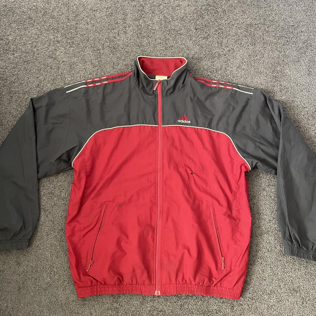 Adidas red and black spray track jacket - Depop