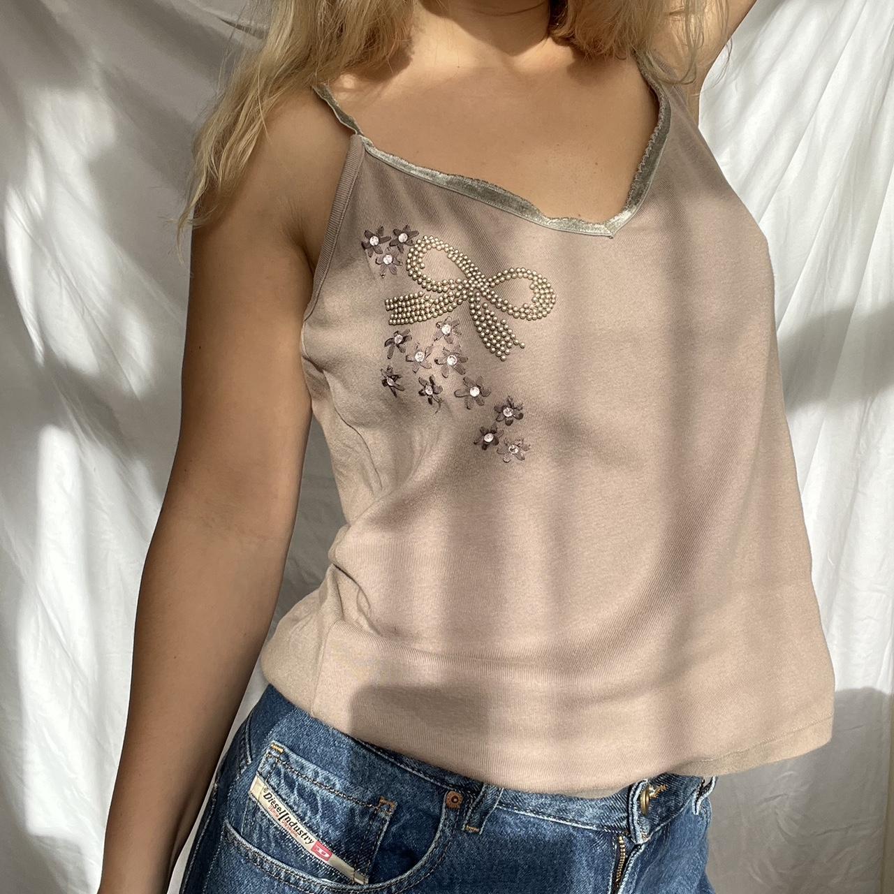 Light brown 2000s cami with embroidered button... - Depop