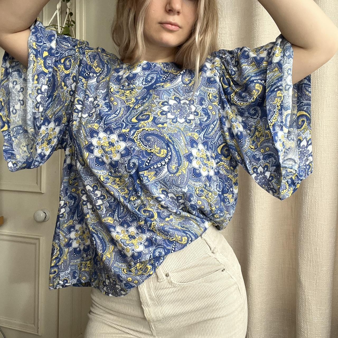 Blue floral paisley blouse with flared ruched... - Depop