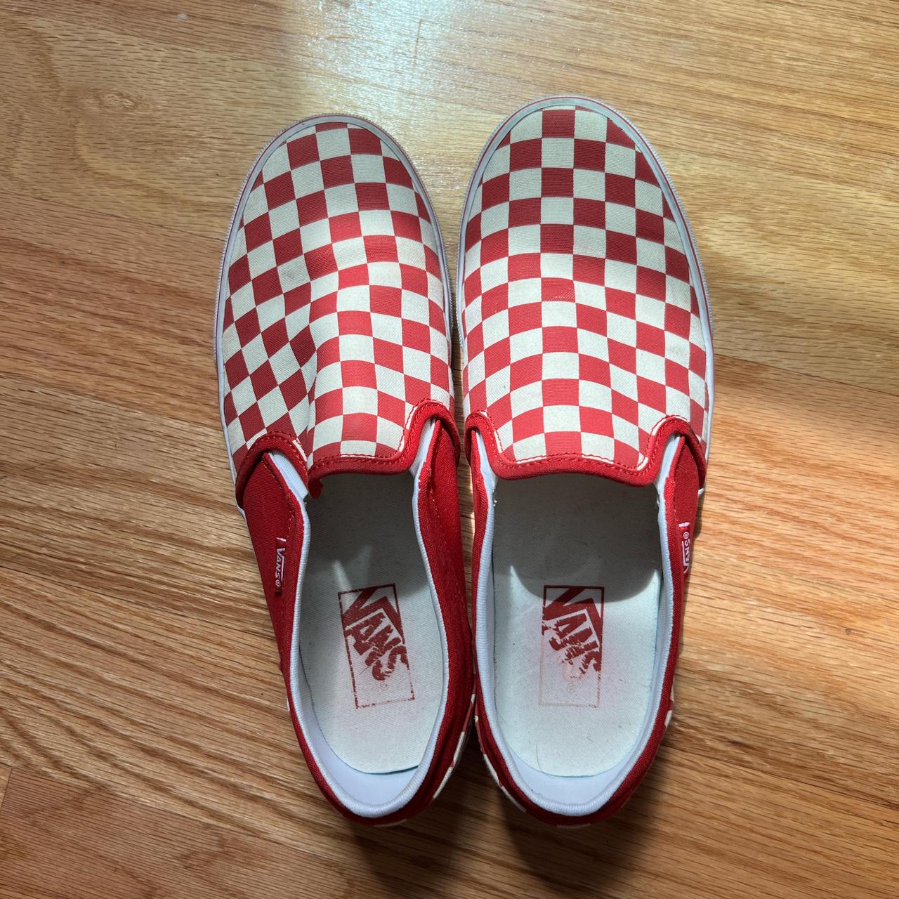 Red and white checkered Vans slip-ons women’s 10... | Depop