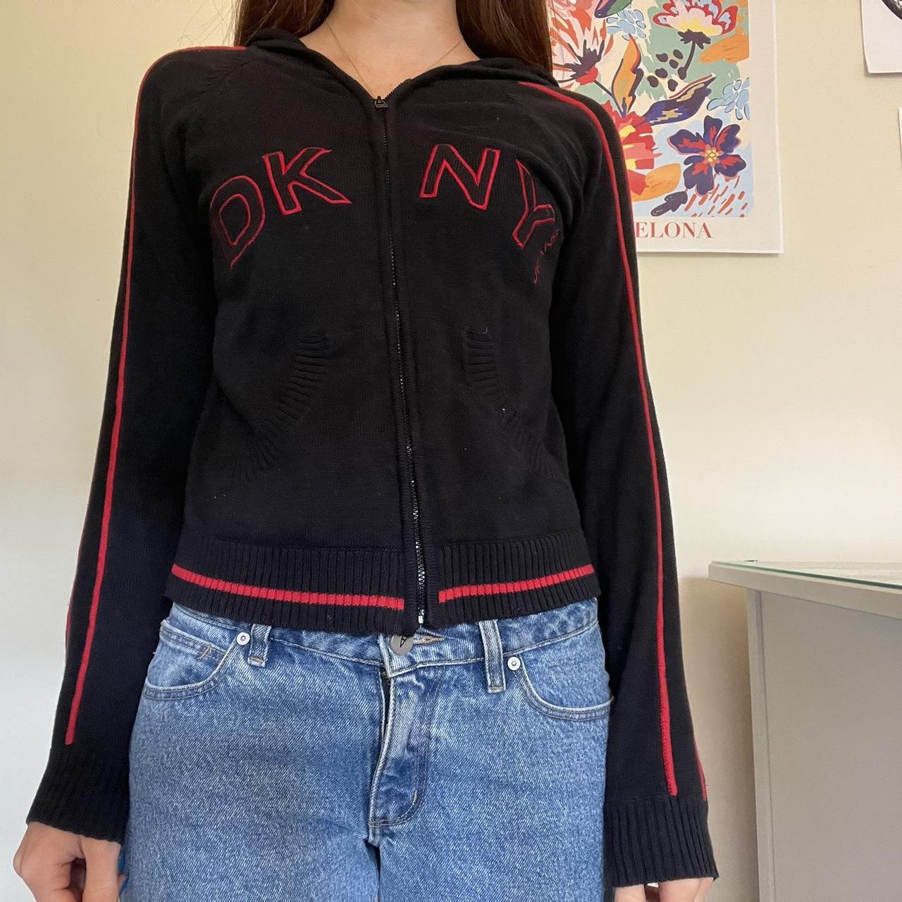 DKNY black and red knit hoodie Spell out logo on... - Depop
