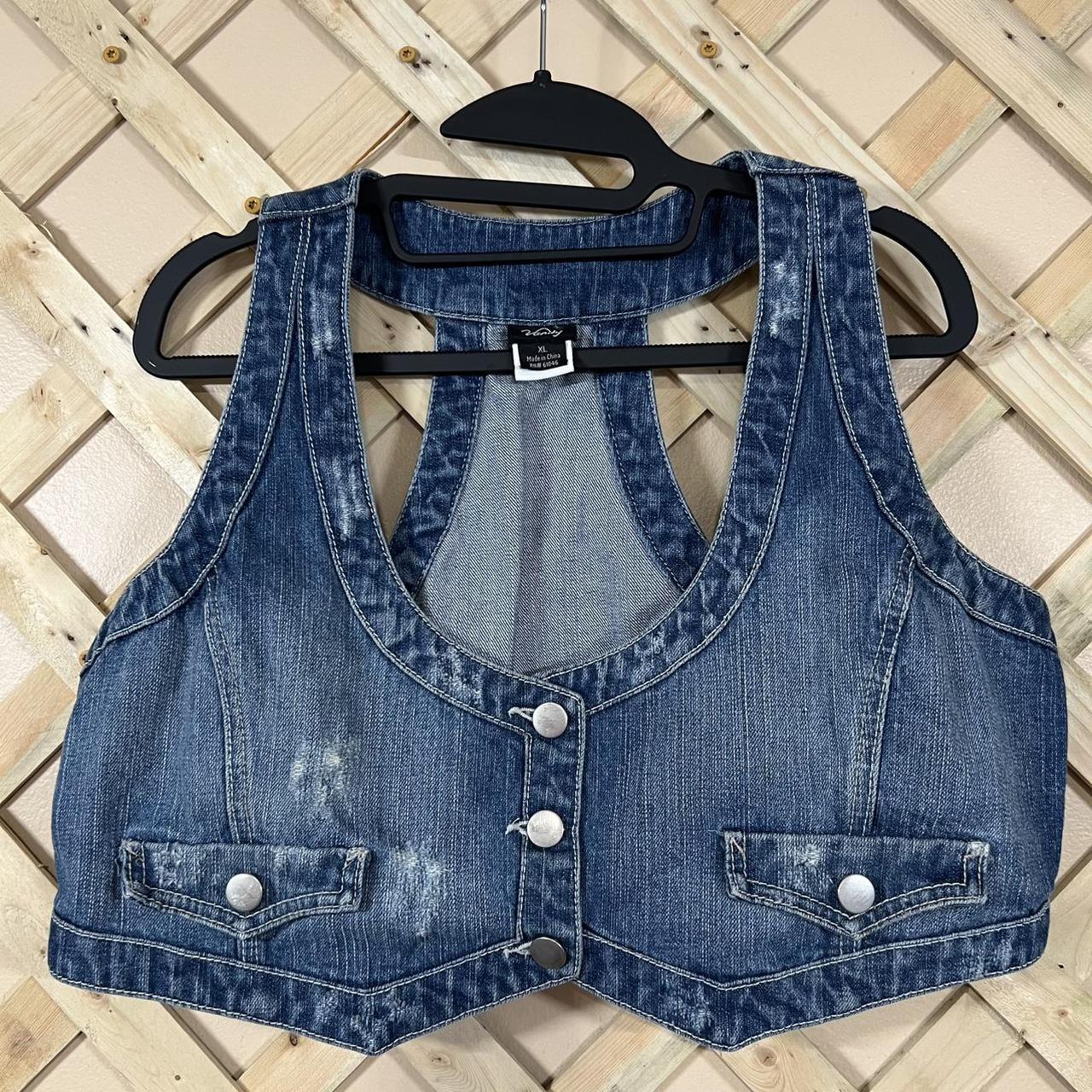 Vintage distressed denim button-up vest with a... | Depop
