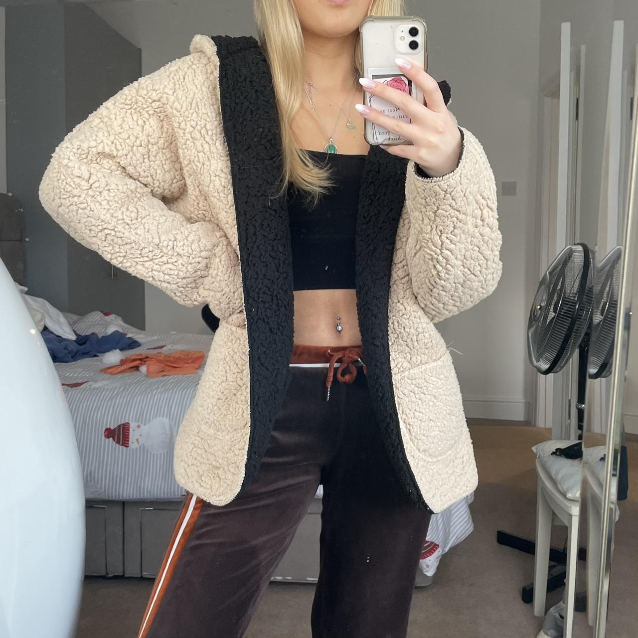 Cosiest reversible fluffy/ teddy coat black and... - Depop