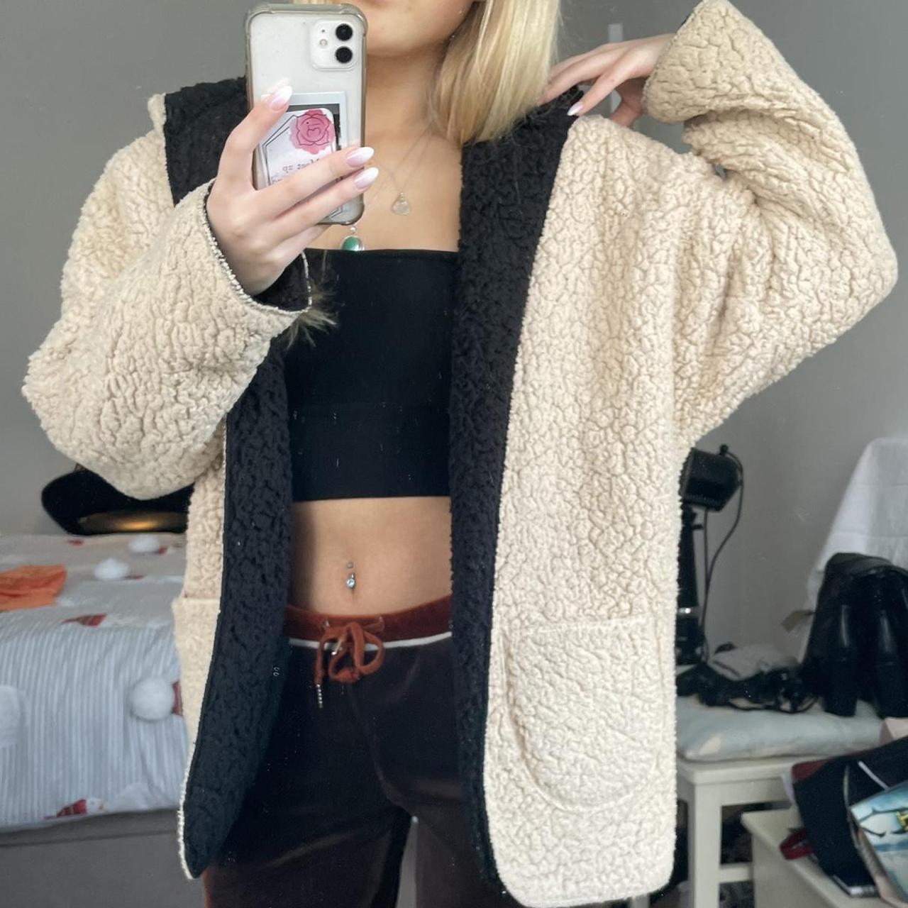 Cosiest reversible fluffy/ teddy coat black and... - Depop