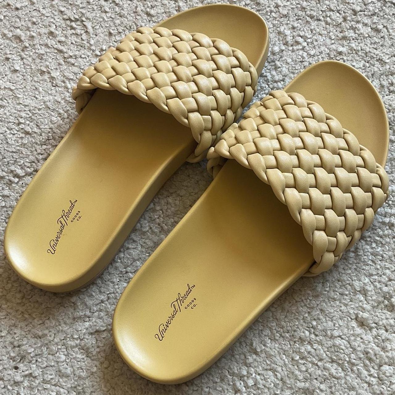 Yellow woven faux leather slides. These sandals have... - Depop