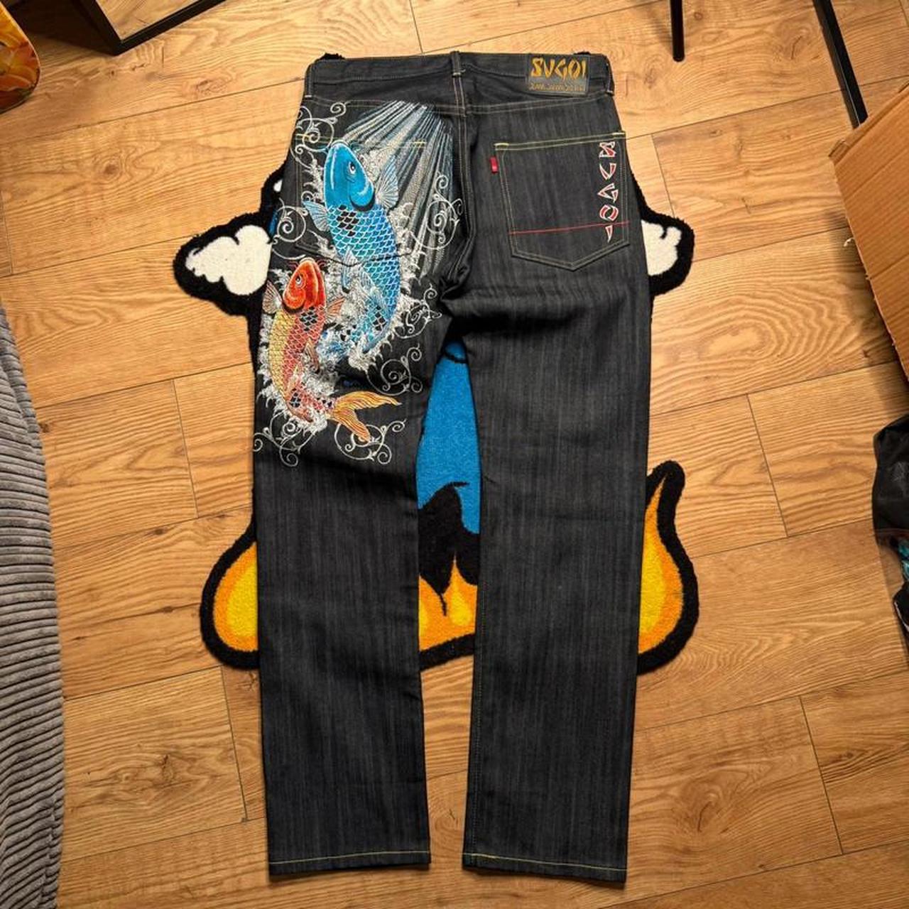 Sugoi Japanese double koi embroidery raw black denim... | Depop