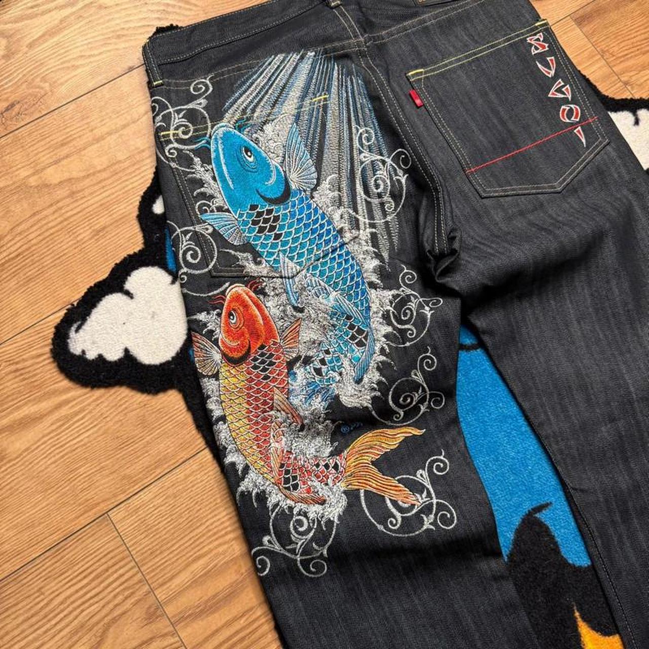 Sugoi Japanese double koi embroidery raw black denim... | Depop