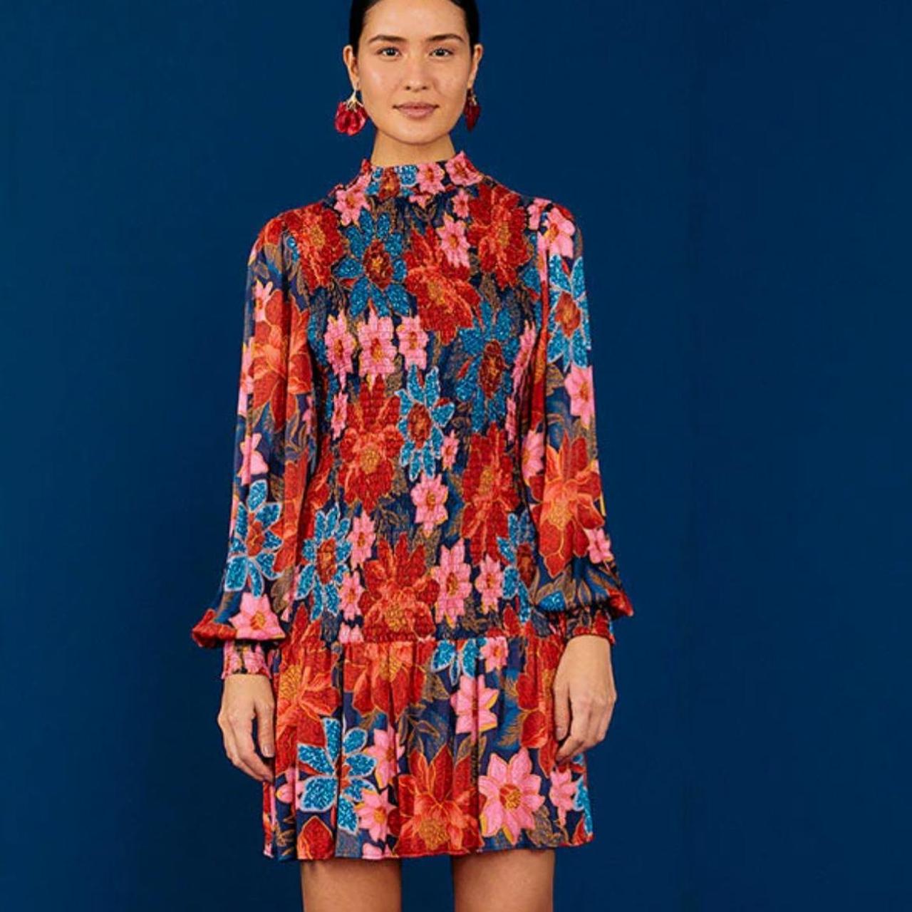 Farm Rio Navy Garden smocked mini dress size S but... | Depop