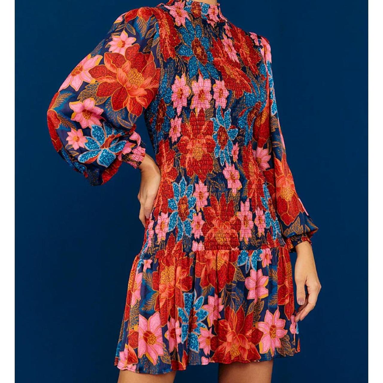 Farm Rio Navy Garden smocked mini dress size S but... | Depop