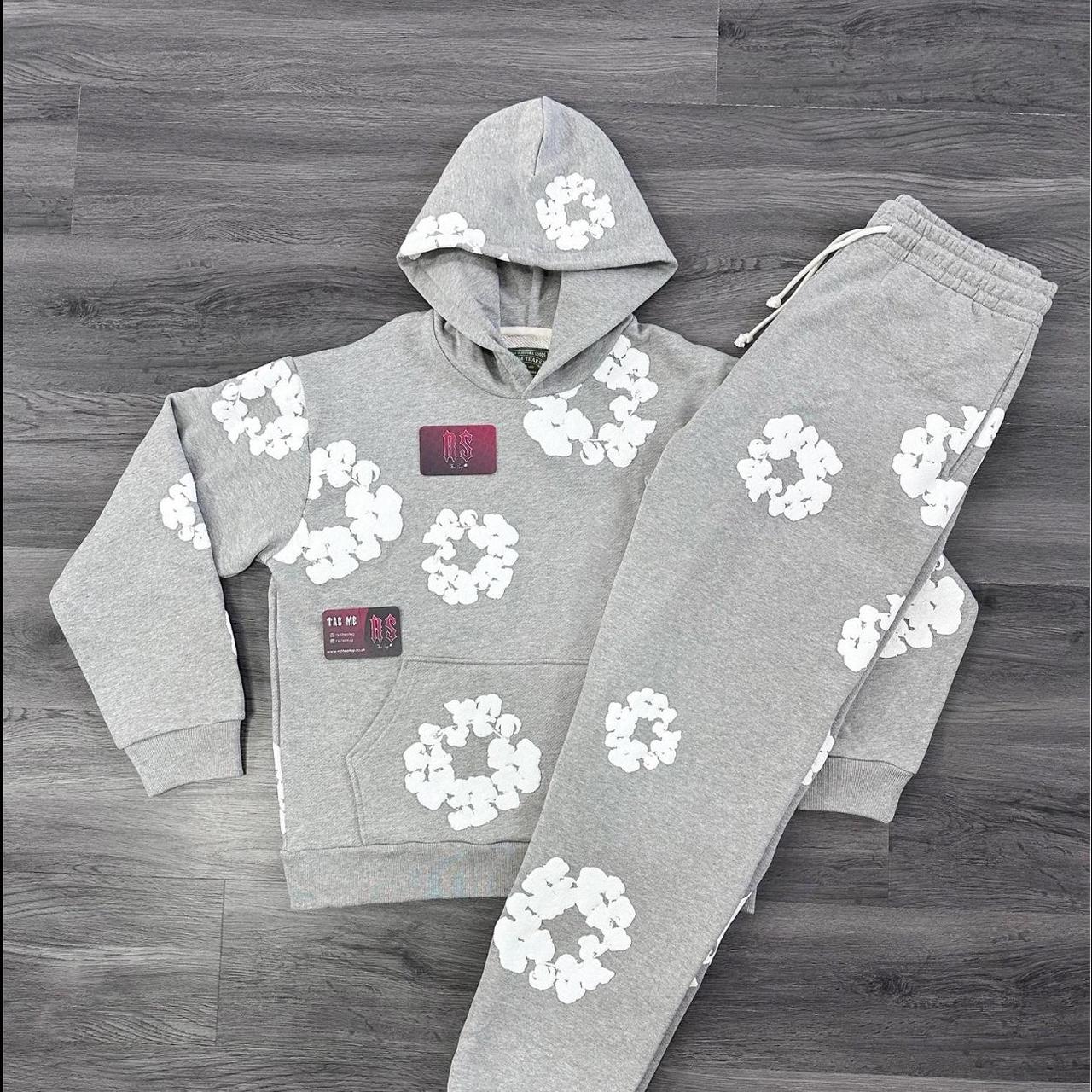 Grey and white tracksuit with flower design... - Depop
