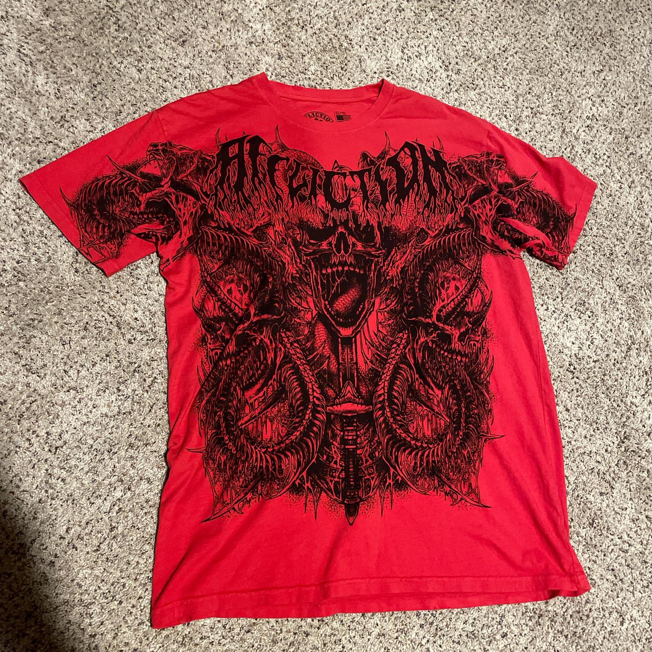 Red Affliction shirt with skulls and crossbones #skater | Depop