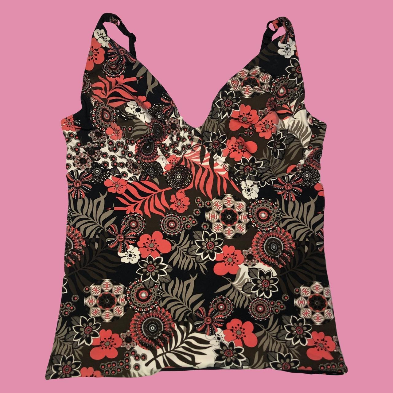 BROWN, PINK AND WHITE FLORAL TANKINI size: would... - Depop