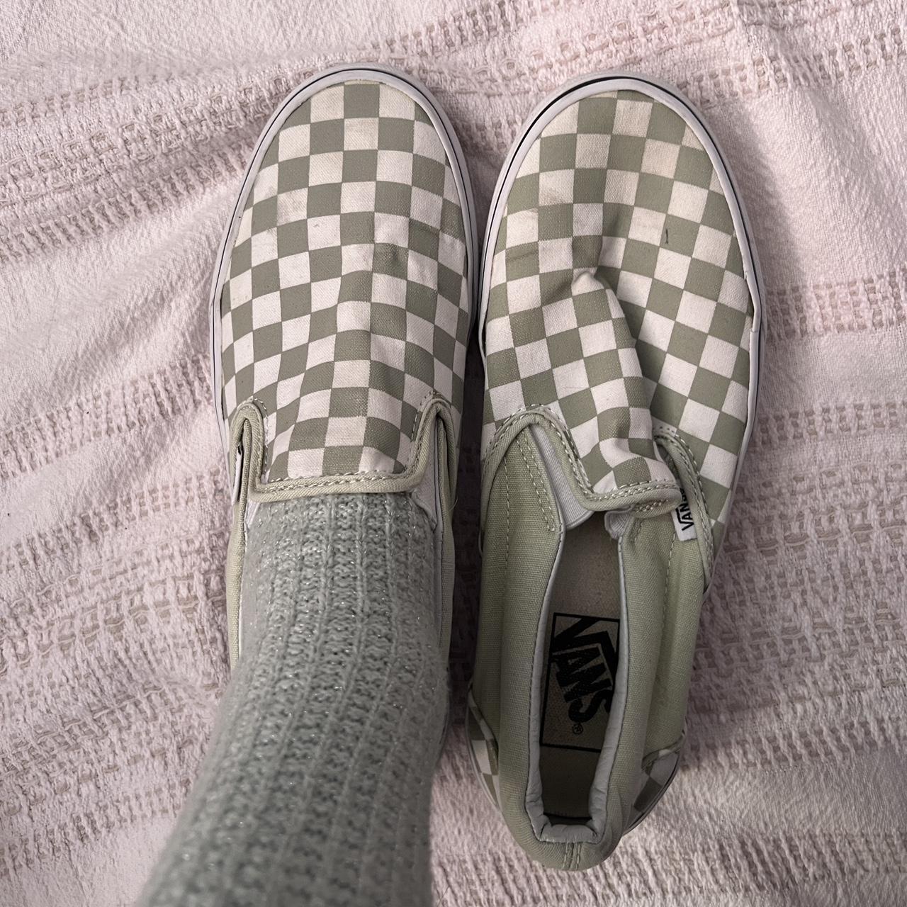 sage green and white Vans checkerboard slip-on... - Depop