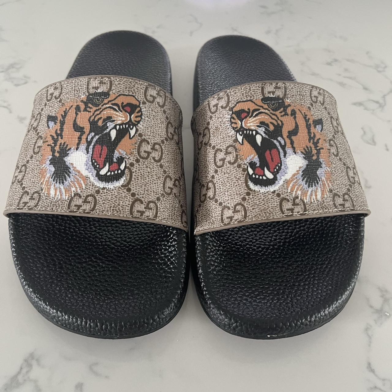 Beige Gucci Tiger Slides - Depop