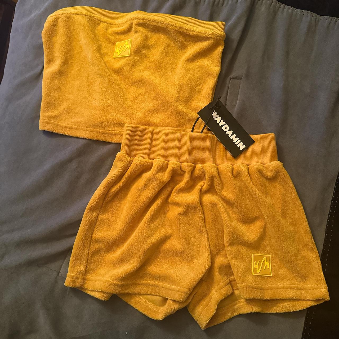 WAYDAMIN yellow terry cloth set XS top & bottom... | Depop