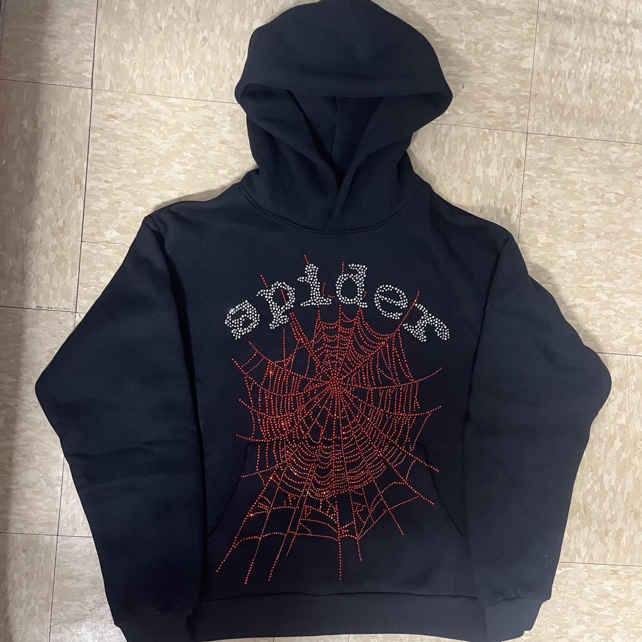 Sp5der Red, Black Rhinestone Hoodie 📲 MESSAGE... | Depop